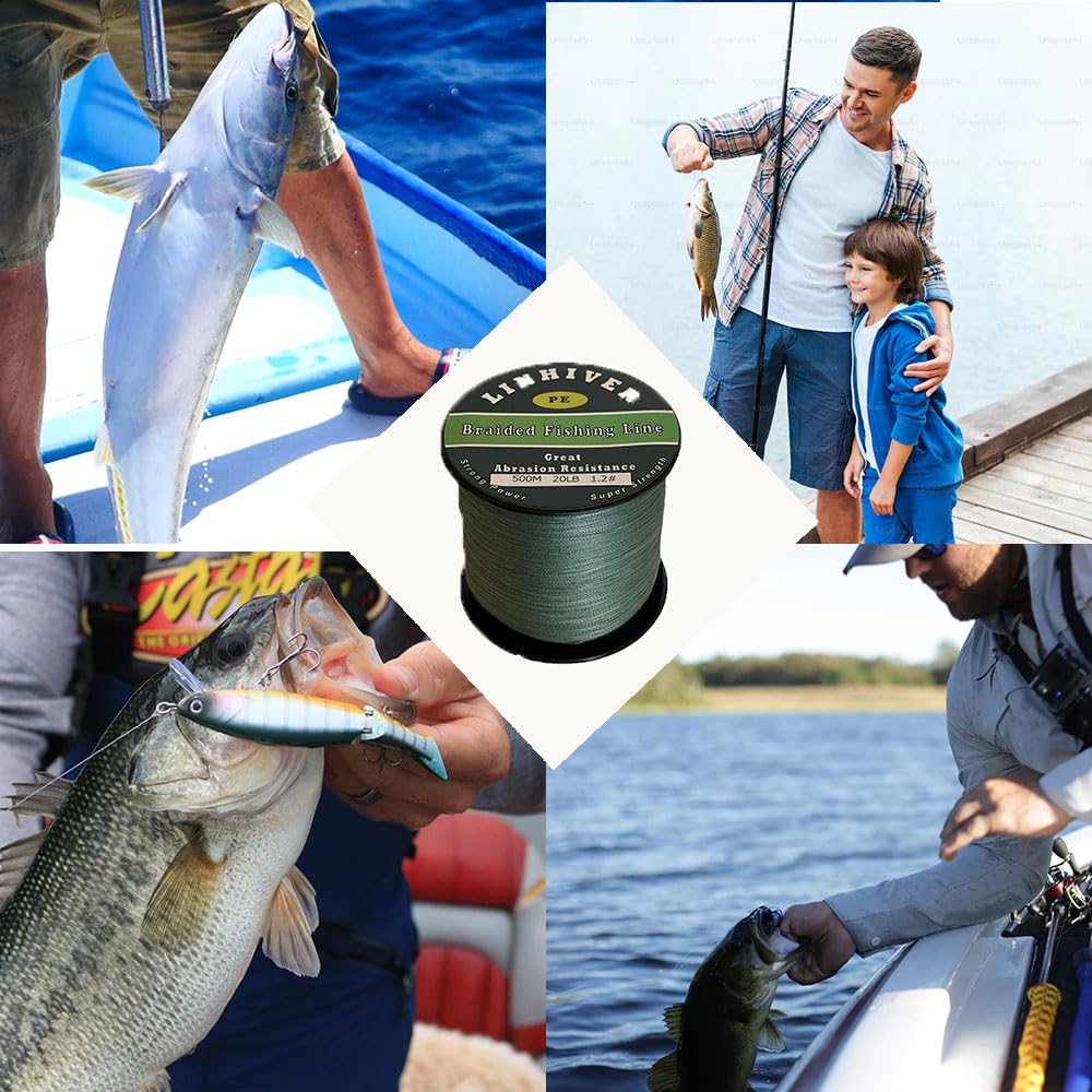 LinHiver Braided Fishing Line, Strong Power, Great Abrasion Resistance, Thin Diameter, No Stretch, Low Memory and High Sensitivity(328Yds, 20LB, 4 Strands, Dark Green)