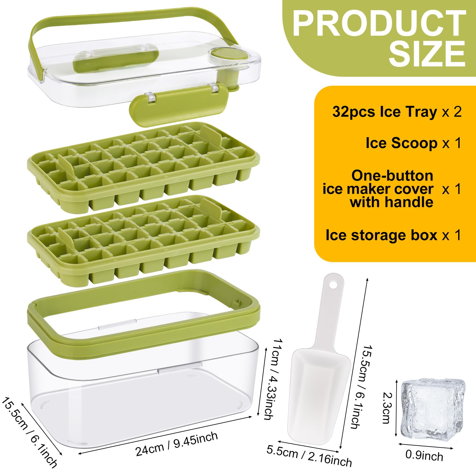 Kamsyluci Ice Cube Tray With Lid And Bin, Ice Cube Trays For Freezer, 64pcs Ice Lattice Molds Ice Container Maker For Freezer Box With Easy Release, Ez Ice Tray And Ice Scoop (Green)