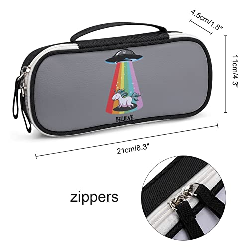 Believe in Unicorn UFO PU Leather Pen Pencil Bag Organizer Portable Makeup Carry Case Storage Handbag