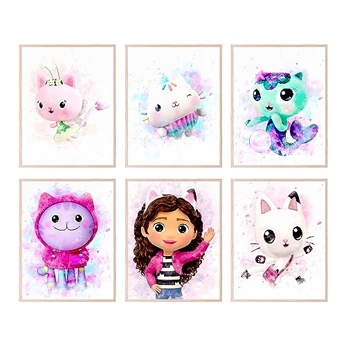 BigWigPrints Gabby Dollhouse Poster - Gabby Dollhouse Room Decor, Party Decorations, Birthday Decorations, Girls Bedroom Wall Decor, Kids Room Wall Art, Cartoon Characters - Unframed Set of 6 (8x10")