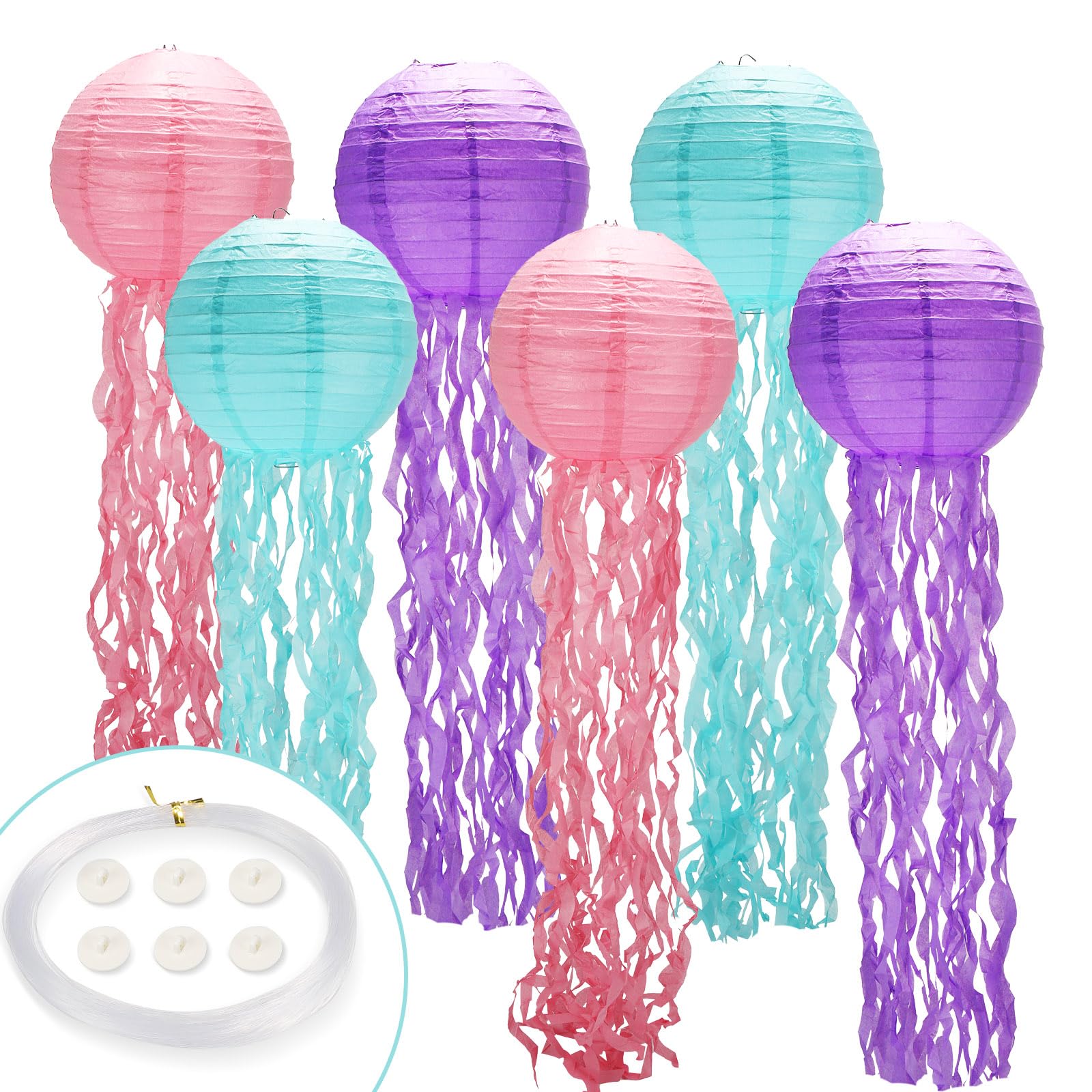 GAILROSO Jelly Fish Paper Lanterns, 6 Pack Jellyfish Lanterns (Pink, Blue, Purple) with String and Hooks, Hanging Jellyfish Decor for Under The Sea, Ocean Party
