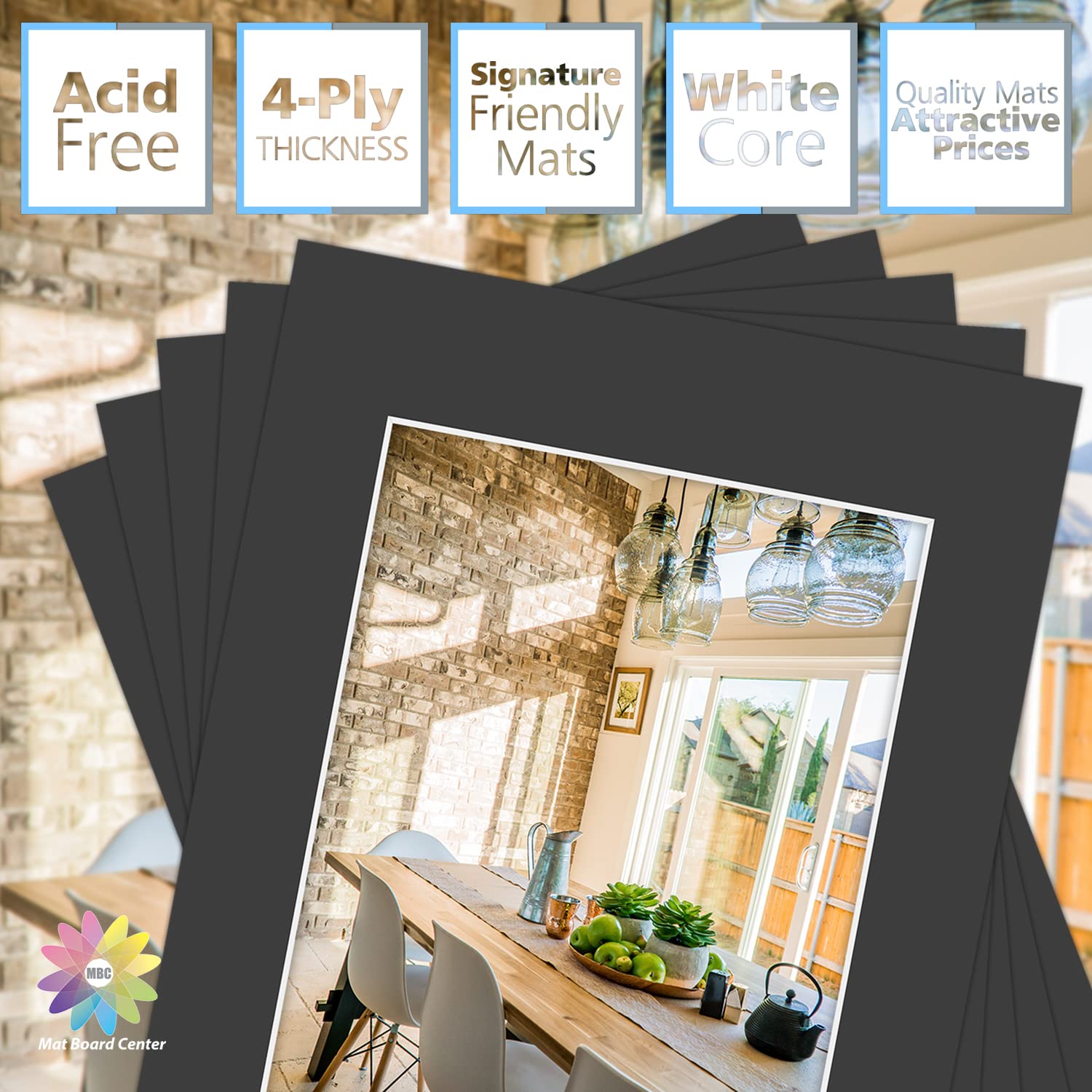 MBC Mat Board Center, Pack of 5, 11x14 for 8x10 Black Photo Picture Mat - Acid Free, 4-ply Thickness, White Core - for Pictures, Photos, Framing