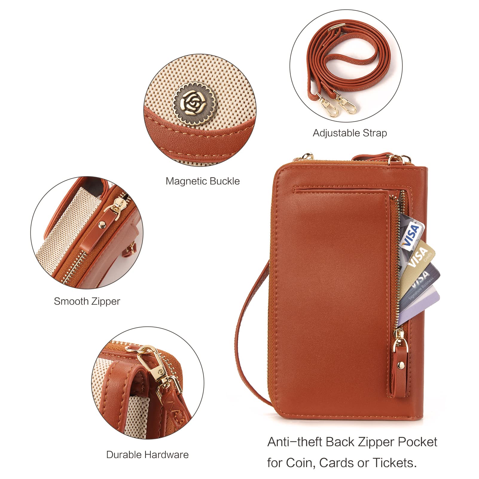 BROMEN Small Cell Phone Purse Crossbody Bags for Women Vegan Leather Wallet Purses with Credit Card Holder Beige with Brown