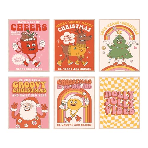 BigWig Prints Retro Christmas Posters - Christmas Wall Art, Pictures Wall Decor, Posters and Prints For Classroom, Vintage - Unframed Set of 6 Pack (8x12)