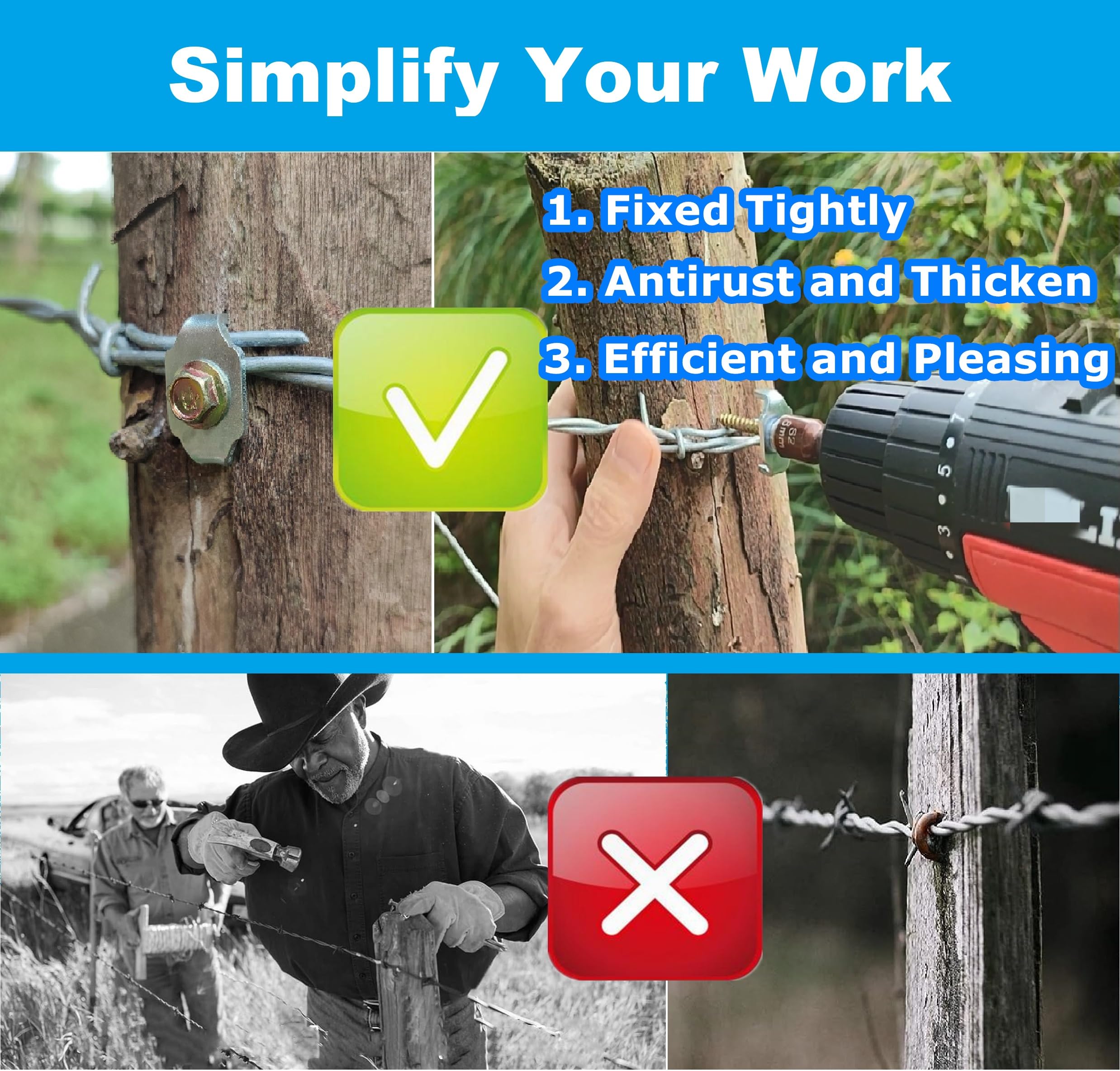 Bytcew Wire Wood Fencing Fasteners Staple, 60 Pcs Fence Nails Clips Post Screw for Wire Mesh and Woven Fencing, Quickly Install with Power Drill
