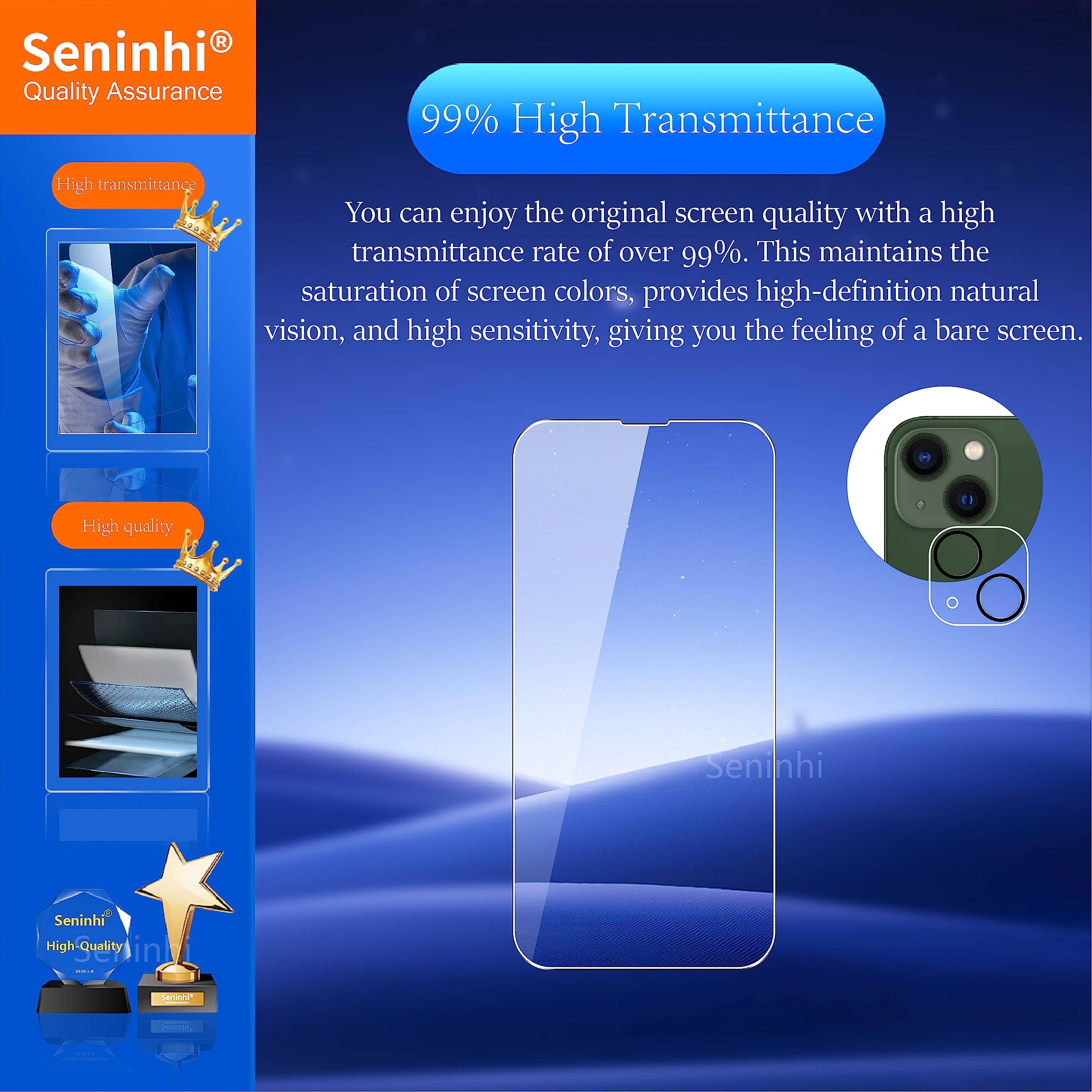 Seninhi [3+3Pack] for iphone 13 (6.1inch) Screen Protector 3Pack + Camera Lens Protector 3Pack, Tempered Glass Screen Protector [With Easy Installation Frame] [9H Hardness] [Anti-Scratch] [Bubble