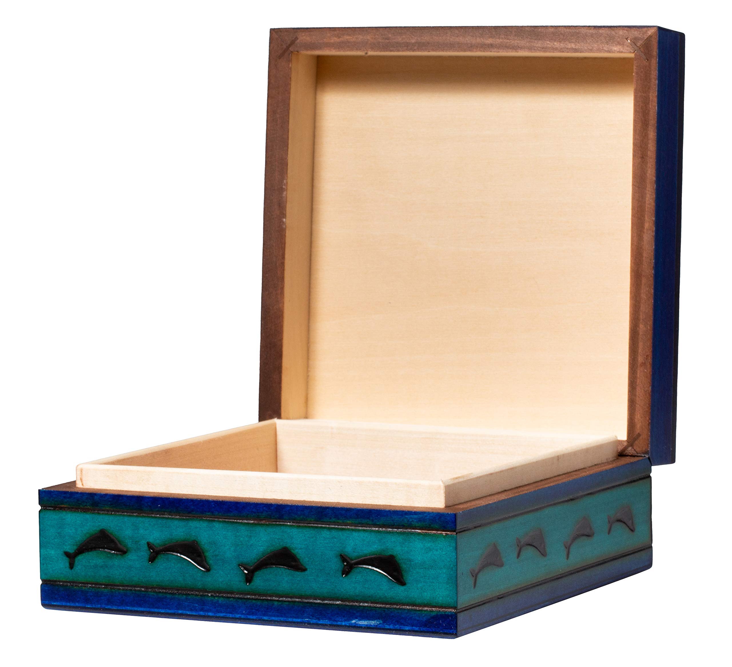 Artisan Owl Polish Handmade Joyful Dolphins 6" Wooden Box with Vivid Colors
