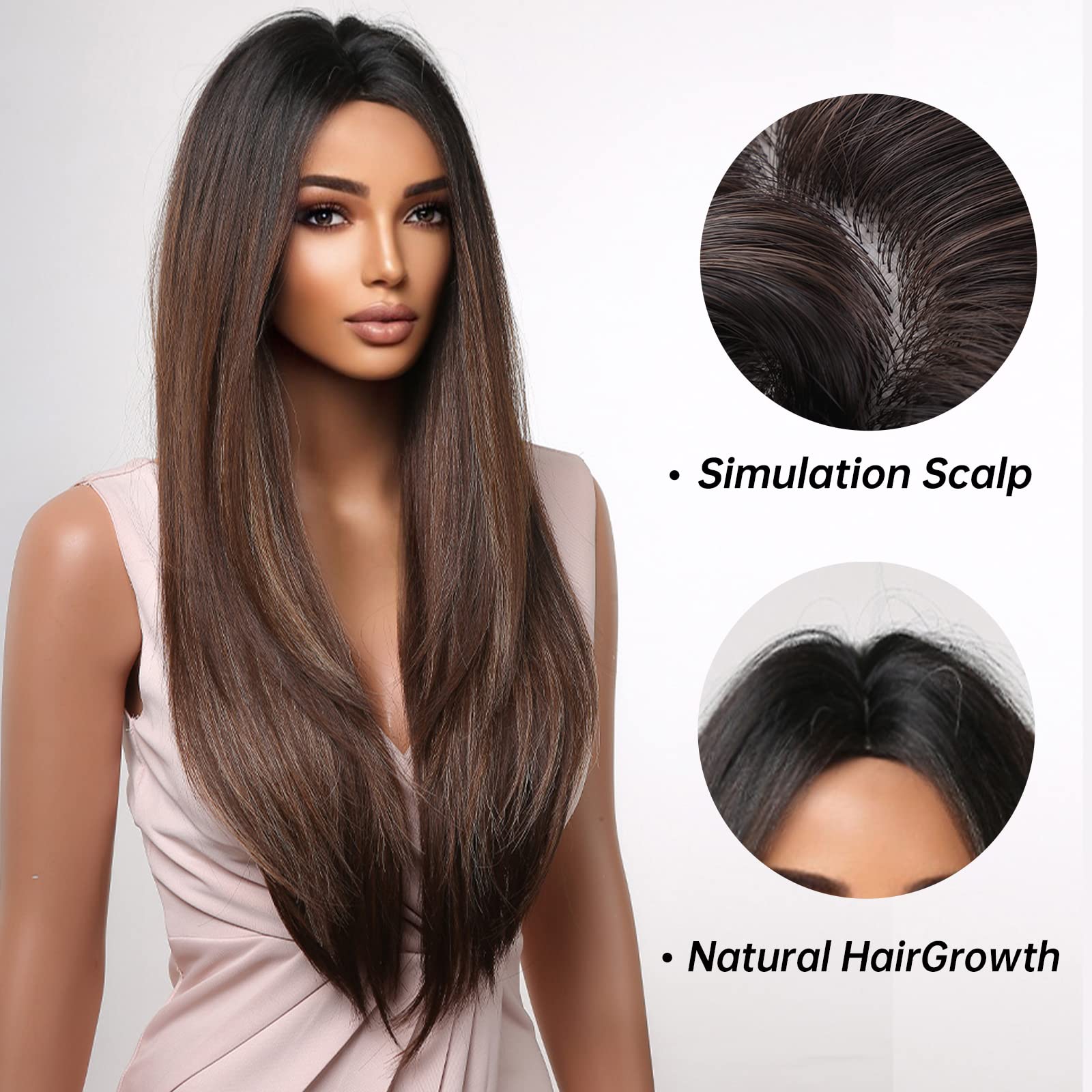 Allbell Brown Wigs for Women Long Straight Layered Natural Hair Wig with Dark Brown Roots Middle Part Synthetic Wig