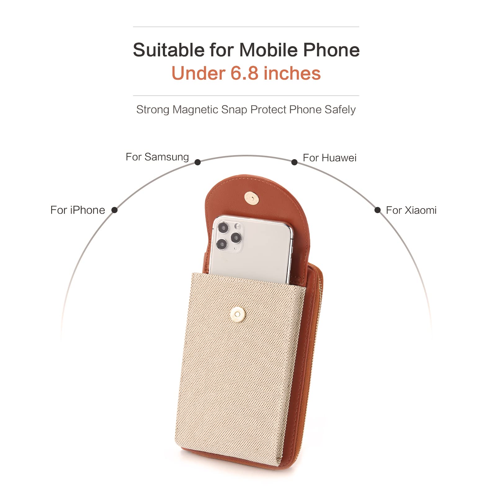 BROMEN Small Cell Phone Purse Crossbody Bags for Women Vegan Leather Wallet Purses with Credit Card Holder Beige with Brown