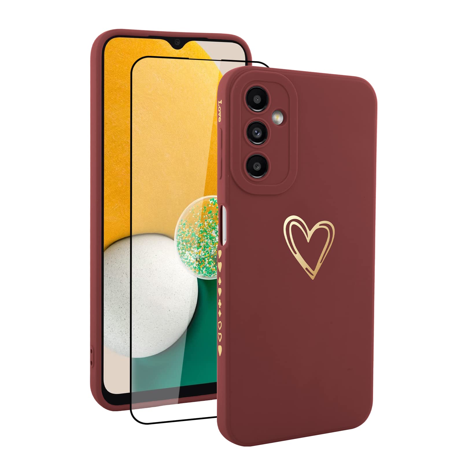 Fiyart Designed for Samsung Galaxy A14 5G Case Love Heart Design for Women Girls Soft TPU Plating Full Camera Lens Protection Phone Cover Bumper with Screen Protector for Galaxy A14 5G-Wine Red