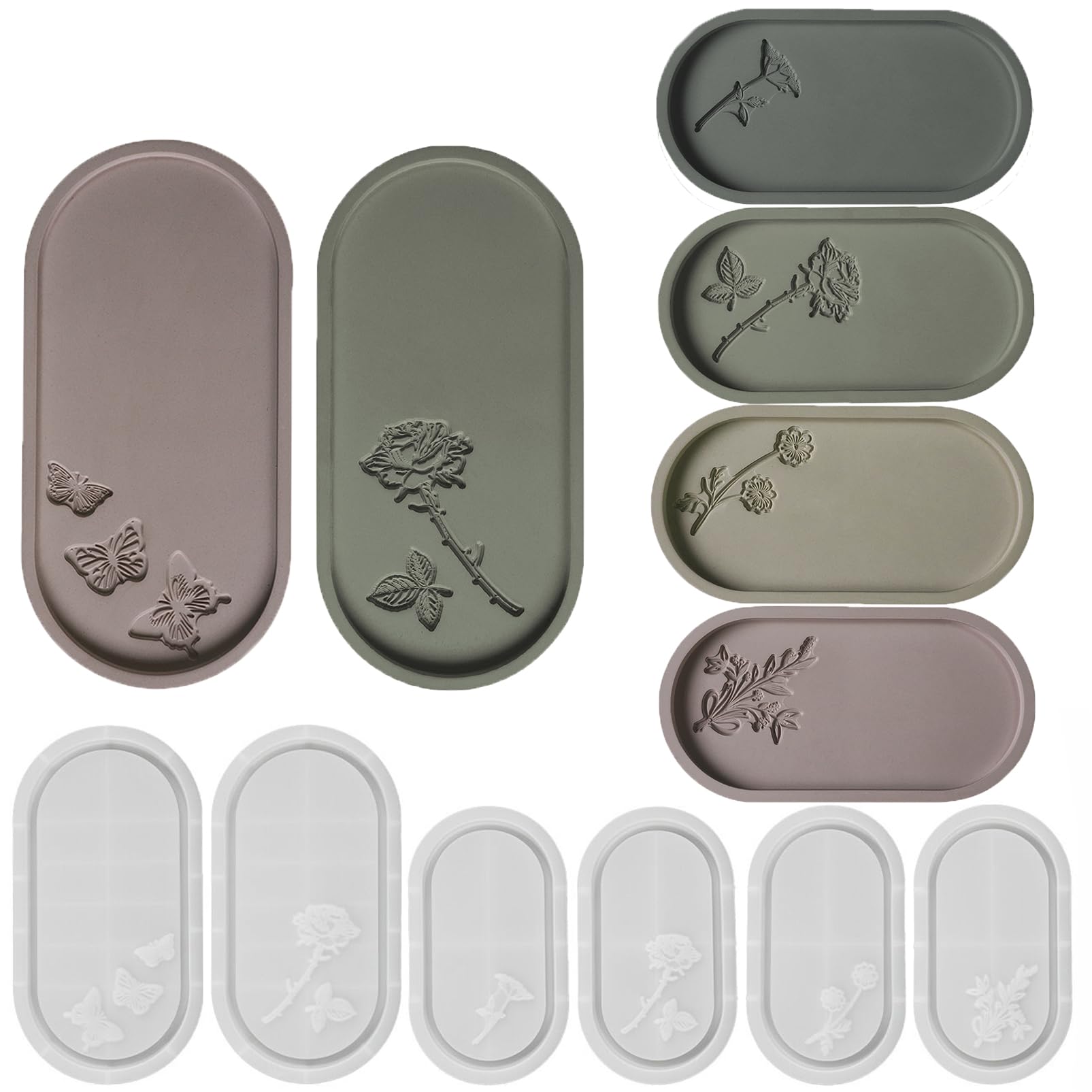 6 Set Tray Silicone Resin Mold Oval Flower Butterfly Shaped Epoxy Silicone Casting Plaster Mold Concrete Clay Tray for Cup Fruit Candy Vase Storage Holder, 3D DIY Display Decor Crafts
