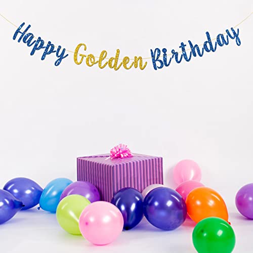 Talorine Happy Golden Birthday Banner, Happy Birthday Party Decor, 21st, 25th, 30th, 40th 50th 60th Birthday Party Decorations (Blue & Gold Glitter)
