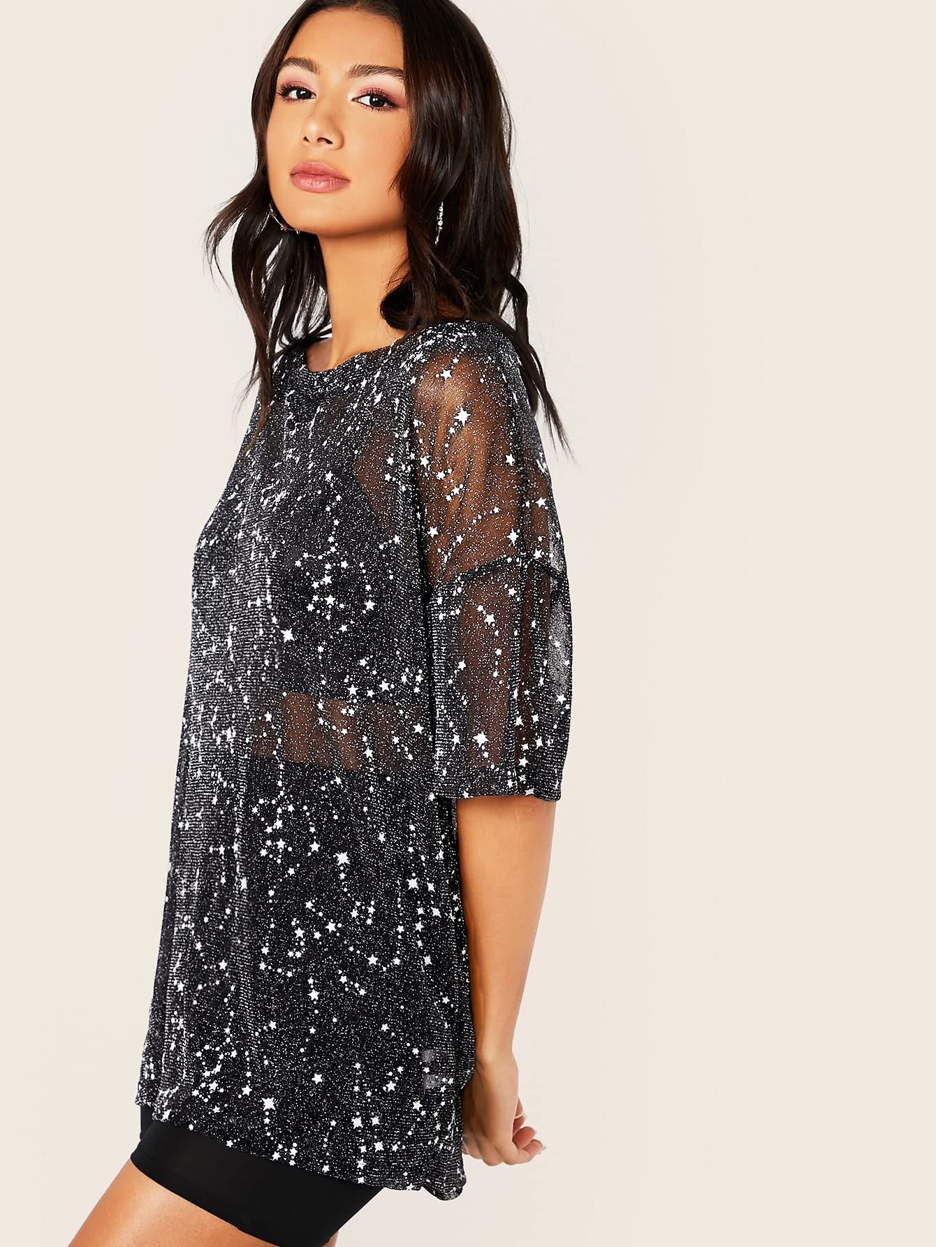 MakeMeChic Women's Summer Short Sleeve Tops See Through Mesh Sheer Sexy T Shirt Blouse Black Galaxy L