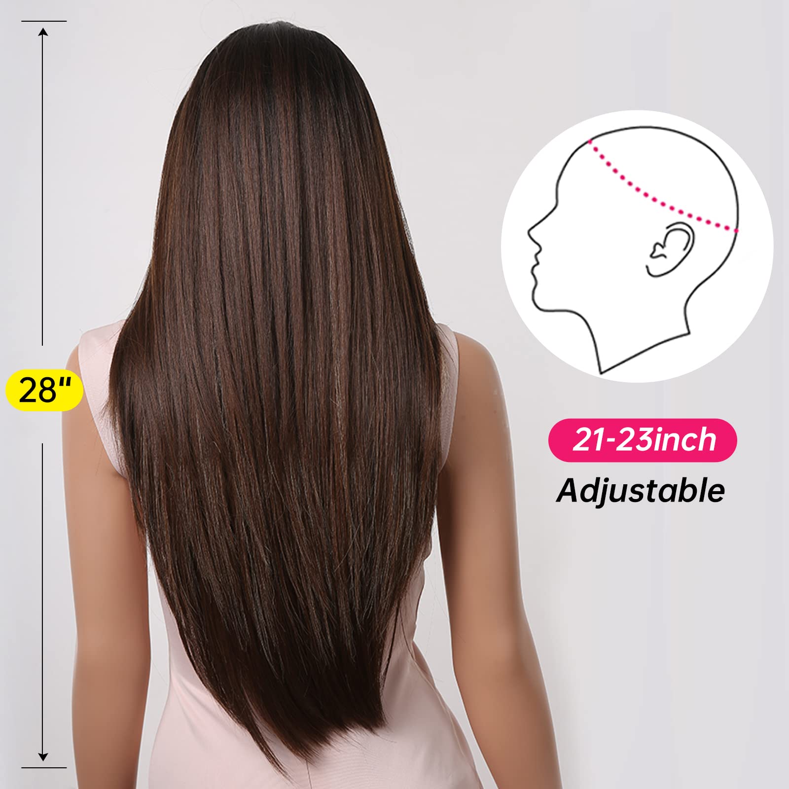 Allbell Brown Wigs for Women Long Straight Layered Natural Hair Wig with Dark Brown Roots Middle Part Synthetic Wig