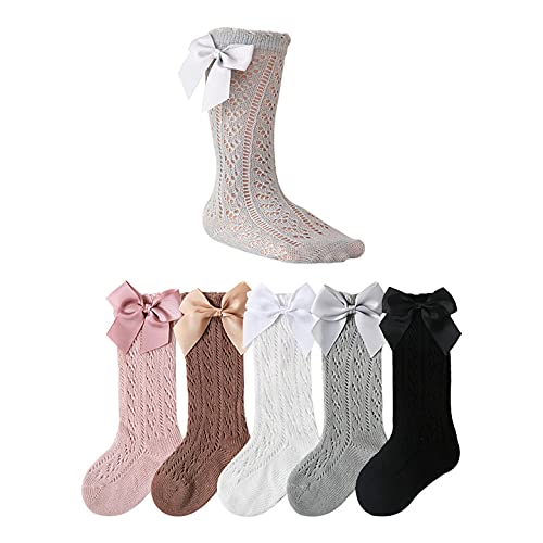 HOUSEYUAN Infant Baby Girl Thigh Knee High Bow Socks Hollow Out Ruffle 0-3 Months Newborn Boot Long Socks Toddle Tights Tall Stockings 6-12 Months 5 Pairs