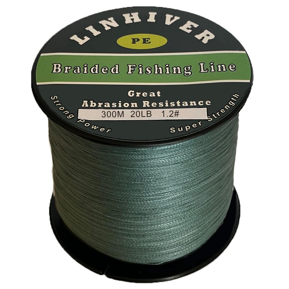 LinHiver Braided Fishing Line, Strong Power, Great Abrasion Resistance, Thin Diameter, No Stretch, Low Memory and High Sensitivity(328Yds, 20LB, 4 Strands, Dark Green)