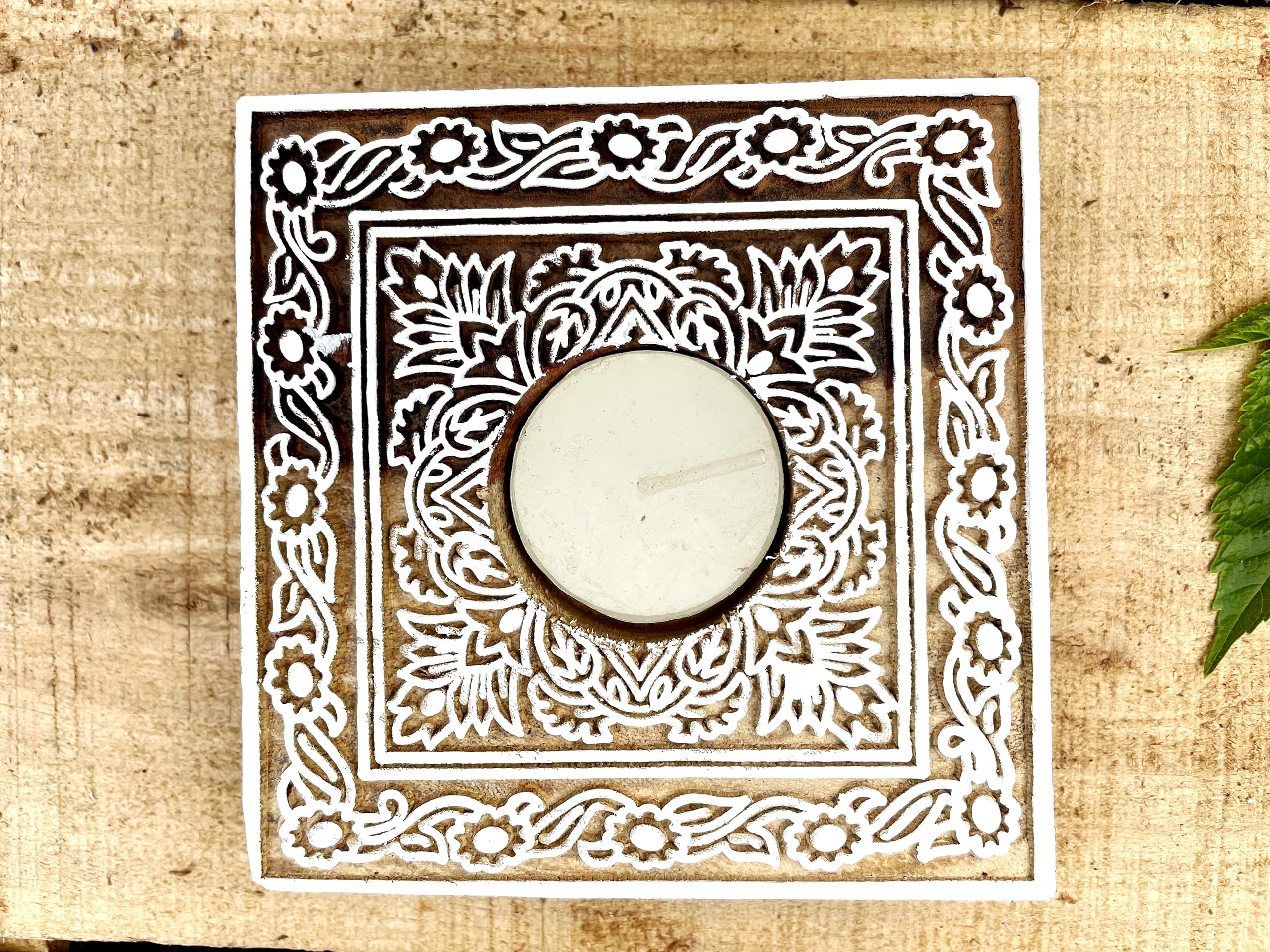 Wooden Block Stamp's Handcrafted Square Candle Light Holder, Natural Wood Color with White Embossed Design, Tealight Stand for Mandir Decor