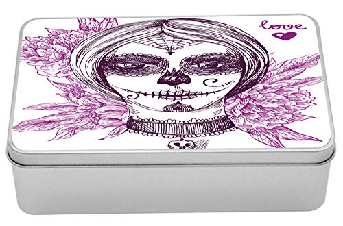Ambesonne Day of the Dead Metal Box, Illustration Gothic Vampire Like Face Skull Flowers Image, Multi-Purpose Rectangular Tin Box Container with Lid, 7.2" X 4.7" X 2.2", Violet Purple