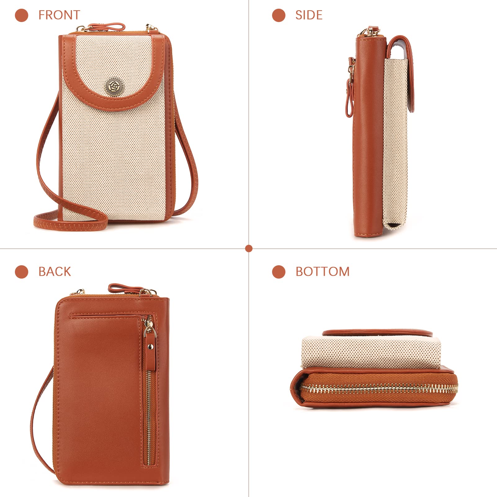 BROMEN Small Cell Phone Purse Crossbody Bags for Women Vegan Leather Wallet Purses with Credit Card Holder Beige with Brown