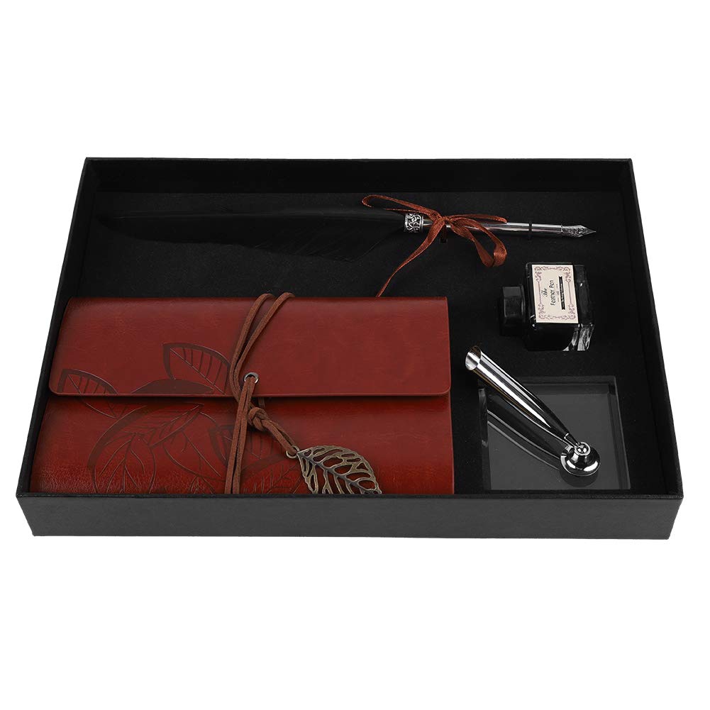 Zopsc Retro Leather Notebook with Fountain Pen with Pen Ink, Dip Pen Set Calligraphy Pen Notebook,Leather Notebook Quill Pen for Gift (red) (black)