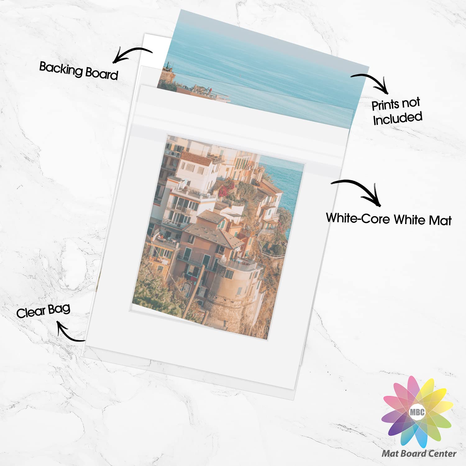 Mat Board Center, 10 Pack of White Pre-Cut Mat Board 16x20 Picture Mat for 11x14 Photo with White Core Bevel Cut Mattes Sets. Includes 10 Acid Free Mats & 10 Backing Board & 10 Clear Bags