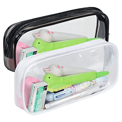 Muranana Pencil Case Set, 2 Pcs PVC Clear Pencil Bag, Zipper Exam Pen Pouch, Makeup/Toiletries Bag for Women, Pencil Storage Pouch, Portable Office Stationery Pouch for Students Adults,White+Black