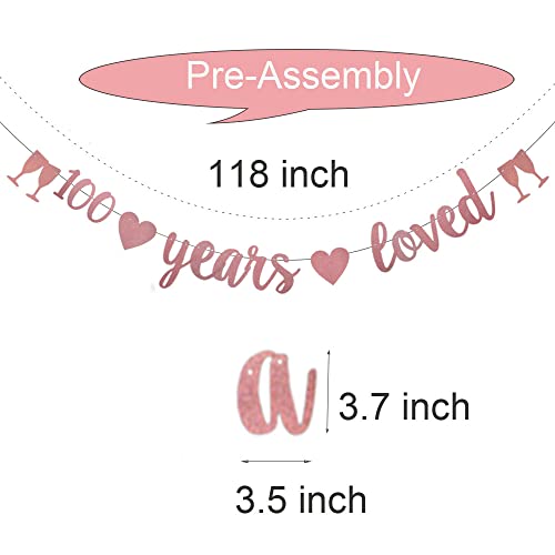 WEIANDBO 100 Years Loved Rose Gold Glitter Banner,Pre-Strung,100th Birthday / Wedding Anniversary Party Decorations Bunting Sign Backdrops,100 Years Loved