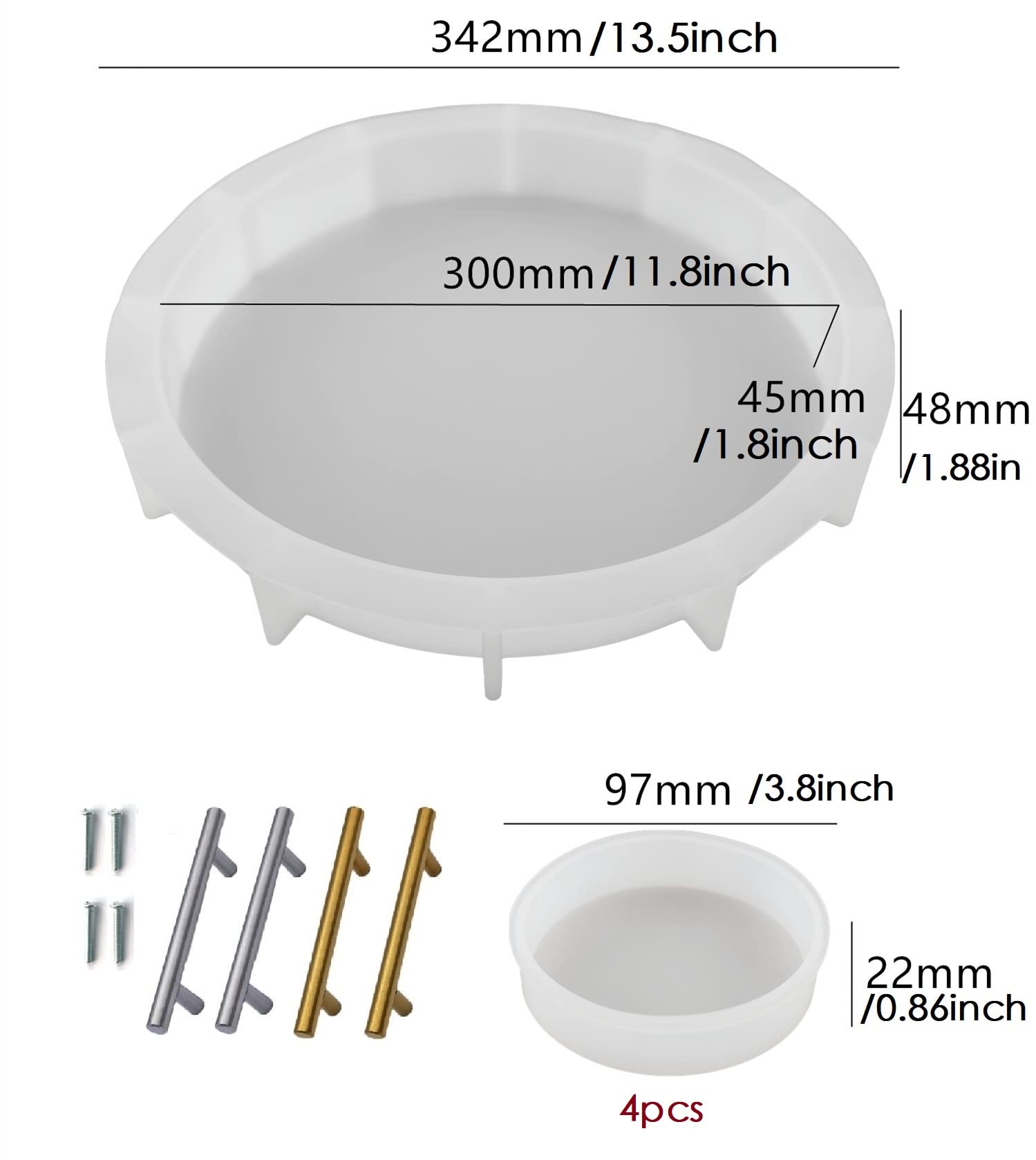 Resin Tray Molds Silicone, 12" Large Round Deep Tray Resin Mold and 4 Piece Round Deep Coaster Molds, Silicone Tray Board Table Resin Mold & Handles, Floral Preservation Bouquet Resin Mold