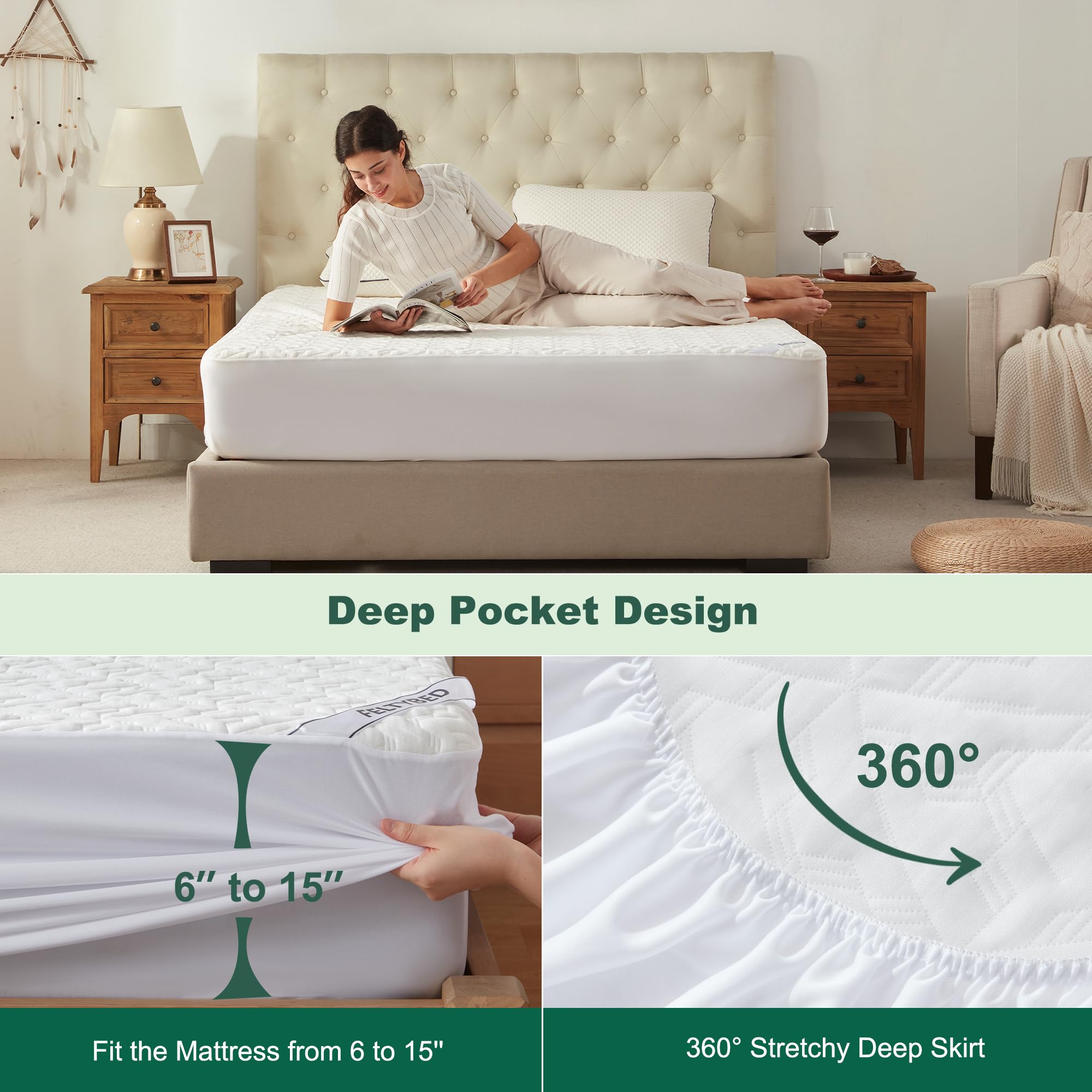 Waterproof Mattress Protector Queen Size, 40% Rayon Derived from Bamboo Mattress Bed Cover, 3D Air Fabric Breathable Mattress Pad Fitted with Deep Pocket 6"- 15" Machine Washable