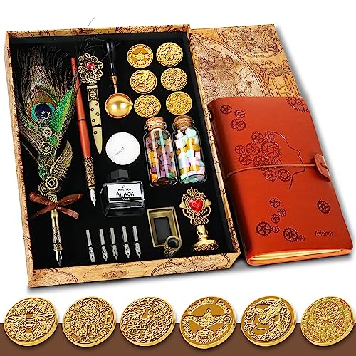 Aifeiter Quill Pen Ink Set - Peacock Feather, Wooden Dip Pen, Reusable Journal, Calligraphy Set