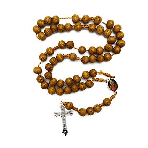 JewelryVolt Rosary Necklace Wooden Cross Stamped Beads Braided Medal Pope John Paul II (Tan B)