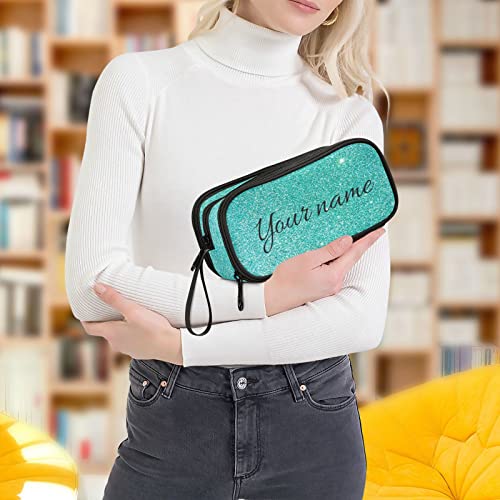 Custom Teal Blue Glitter Sparkle Pencil Case Pencil Bag School Pencil Pouch College Big Capacity Stationery Organizer for Teens Girls Boys Adults Student Office