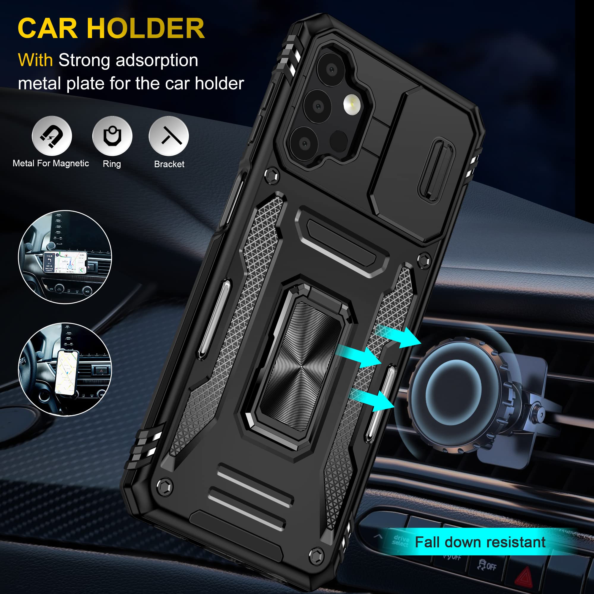 DNTMZIN for Galaxy A13 5G Case,Military Grade Protective Phone Case Cover with Enhanced Metal Ring Kickstand, with Slide Camera Cover,Shockproof Phone Case-Black2-GA13-01