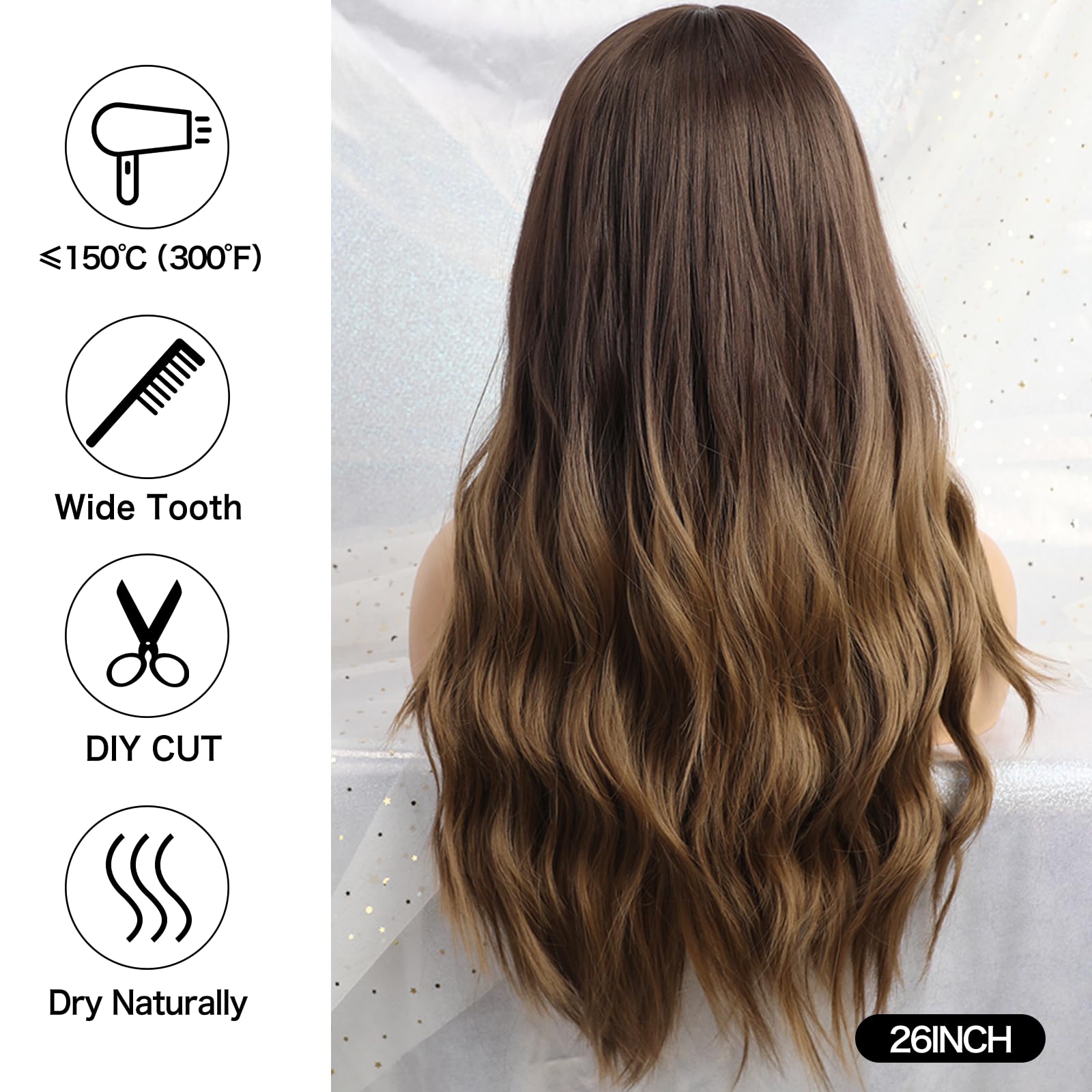 topshe Brown with Highlights Synthetic Wigs Middle Part Long Wavy Wigs with Dark Roots Womens Natural Heat Resistant Hair