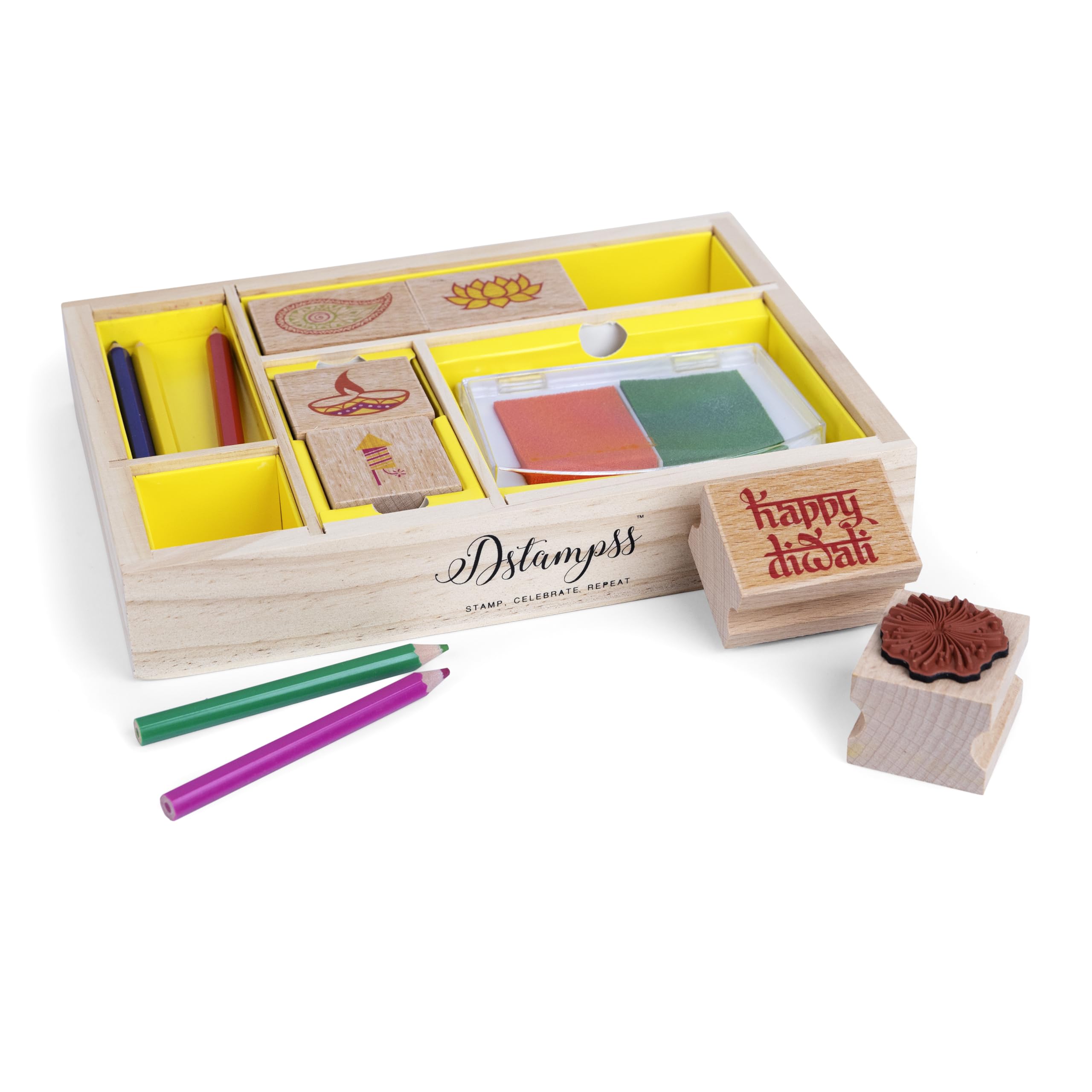 Diwali Wooden Stamp Set – Ideal Gift for Diwali, Arts & Crafts Enthusiasts, and Celebrations - Perfect for Rangoli, DIY Crafts, Card Making & Festive Decorations