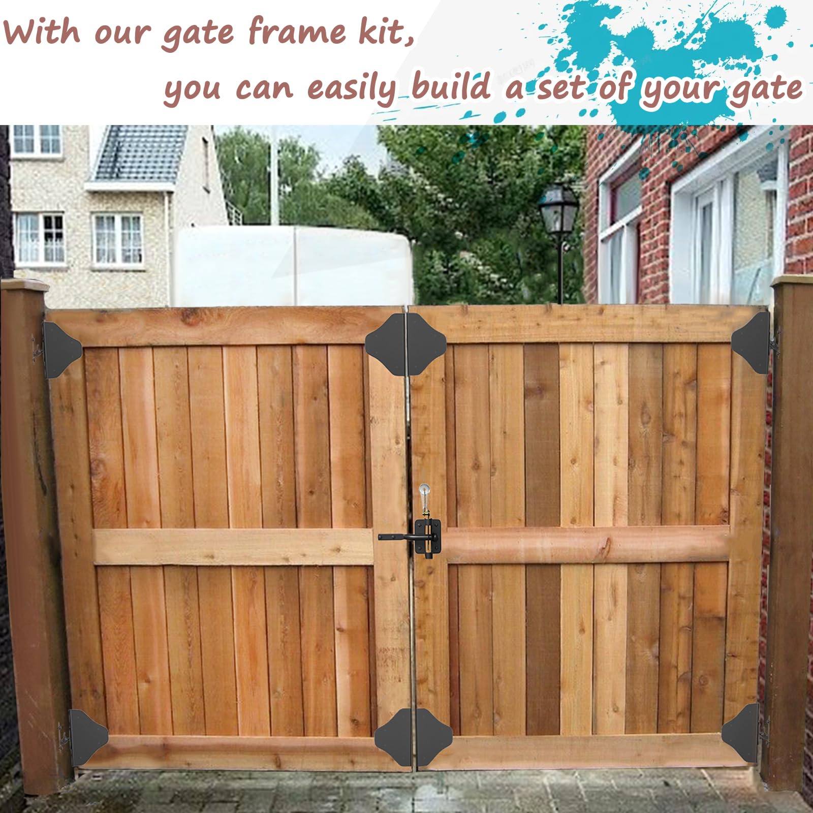 Fence Gate Kit (8 Brackets) Wood Gate Brace Gate Hardware Anti Sag DIY Timber Gate Hinge Bracket, Come with an Auto-Lock Latch