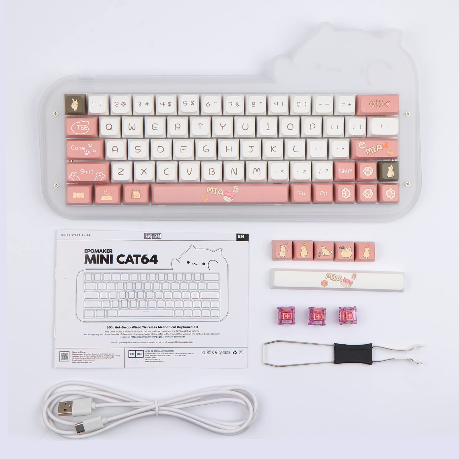 EPOMAKER Mini Cat 64 60% Hot Swappable Acrylic RGB Wired Mechanical Gaming Keyboard, VIA Programmable with Dye Sublimation PBT Keycaps for Mac/Win/Gamers(MIA Keycaps, Epomaker Flamingo Switch)