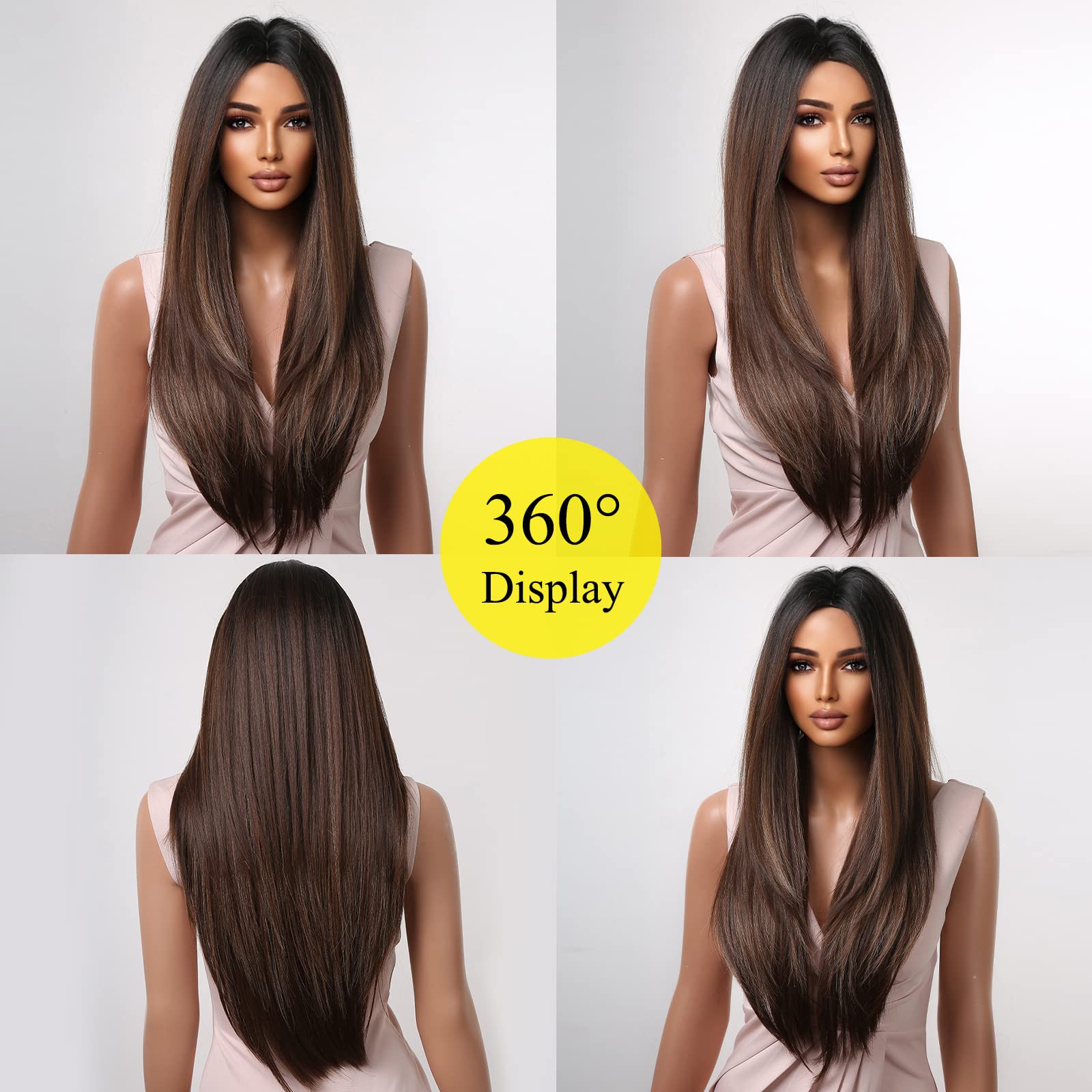 Allbell Brown Wigs for Women Long Straight Layered Natural Hair Wig with Dark Brown Roots Middle Part Synthetic Wig