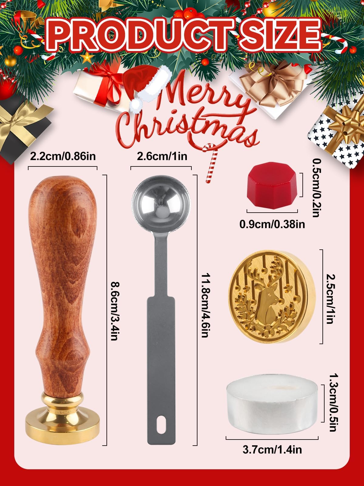Christmas Wax Seal Stamp Kit Lanstics Wax Seal Stamp Brass Head, 200Pcs Sealing Wax Beads in 4 Colors, Wooden Hilt, Melting Spoon, Tea Candles for Cards Envelopes, Gift Packaging