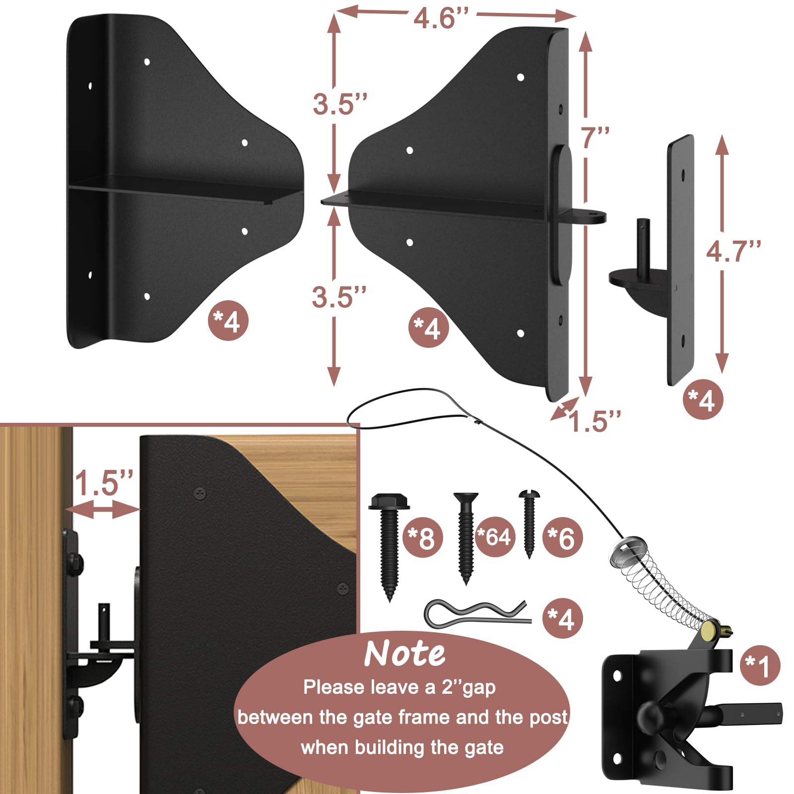 Fence Gate Kit (8 Brackets) Wood Gate Brace Gate Hardware Anti Sag DIY Timber Gate Hinge Bracket, Come with an Auto-Lock Latch