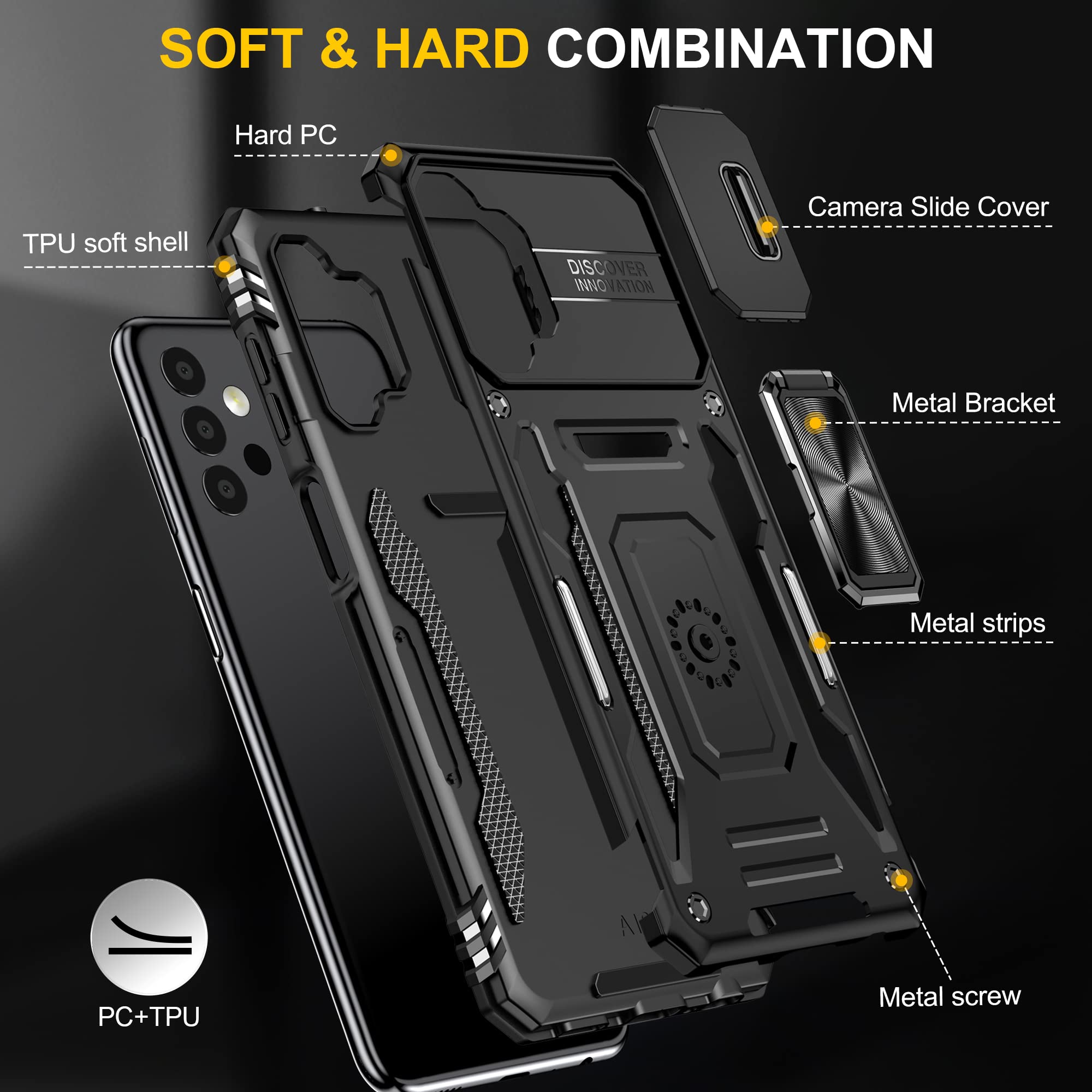DNTMZIN for Galaxy A13 5G Case,Military Grade Protective Phone Case Cover with Enhanced Metal Ring Kickstand, with Slide Camera Cover,Shockproof Phone Case-Black2-GA13-01
