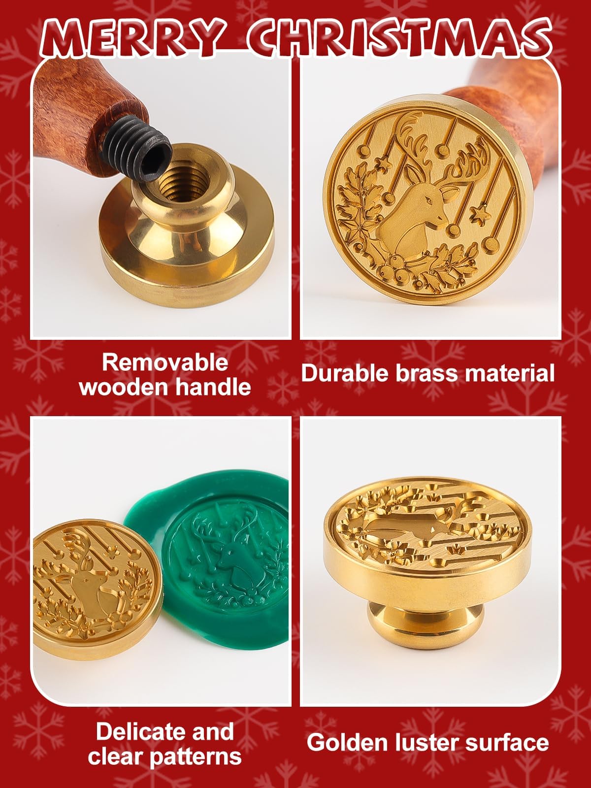 Christmas Wax Seal Stamp Kit Lanstics Wax Seal Stamp Brass Head, 200Pcs Sealing Wax Beads in 4 Colors, Wooden Hilt, Melting Spoon, Tea Candles for Cards Envelopes, Gift Packaging