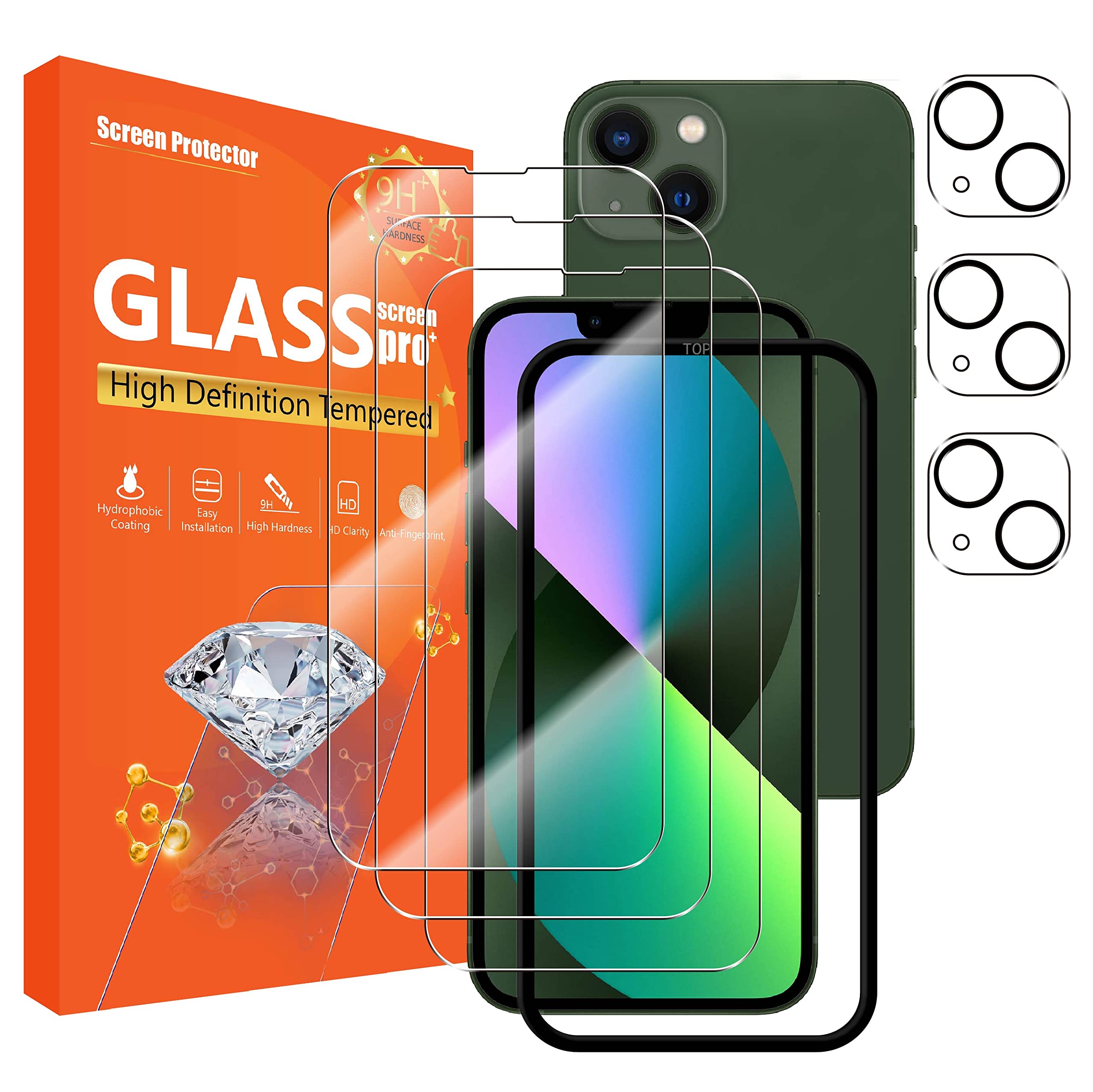 Seninhi [3+3Pack] for iphone 13 (6.1inch) Screen Protector 3Pack + Camera Lens Protector 3Pack, Tempered Glass Screen Protector [With Easy Installation Frame] [9H Hardness] [Anti-Scratch] [Bubble