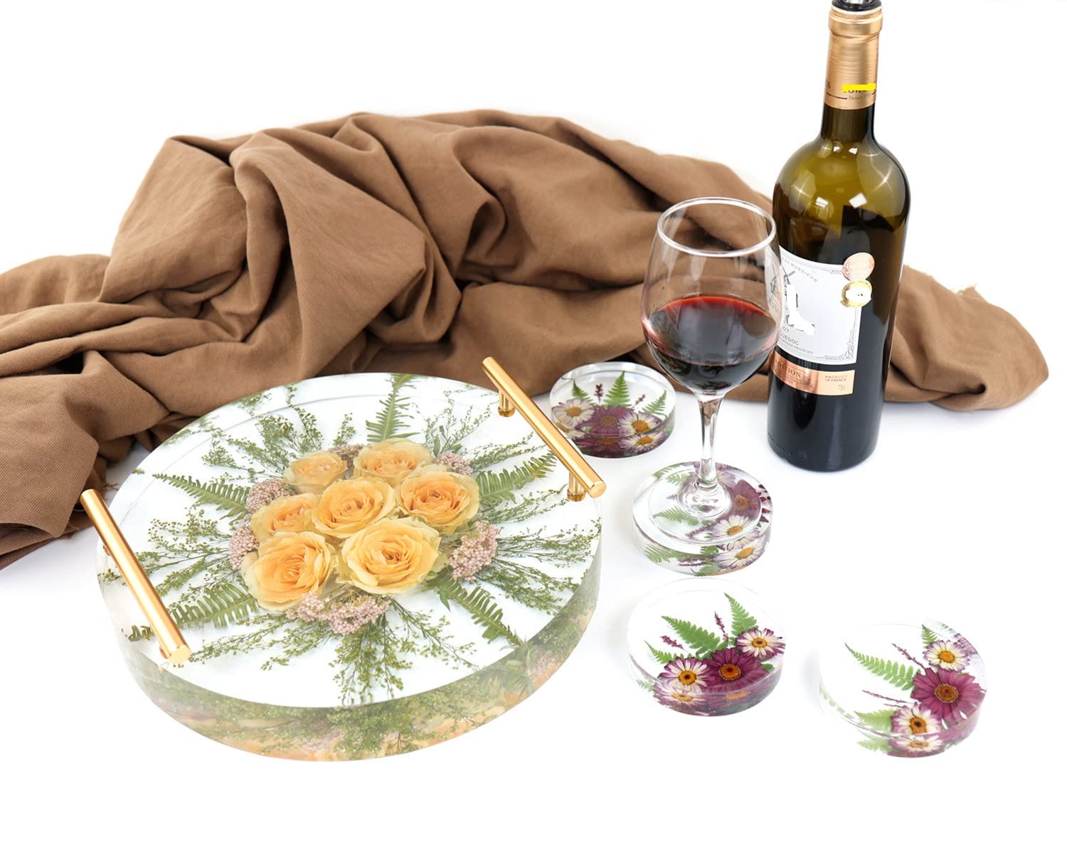 Resin Tray Molds Silicone, 12" Large Round Deep Tray Resin Mold and 4 Piece Round Deep Coaster Molds, Silicone Tray Board Table Resin Mold & Handles, Floral Preservation Bouquet Resin Mold