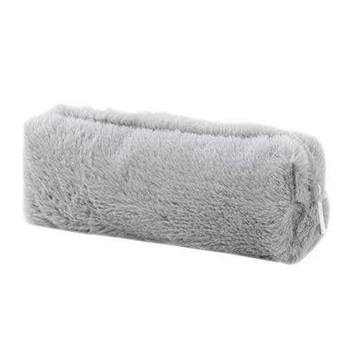Boxwizard Cute Pencil Case, Pen Pencil Pouch with Zippers, Plush Fuzzy Stationery Makeup Storage Bag for Women and Girls Grey