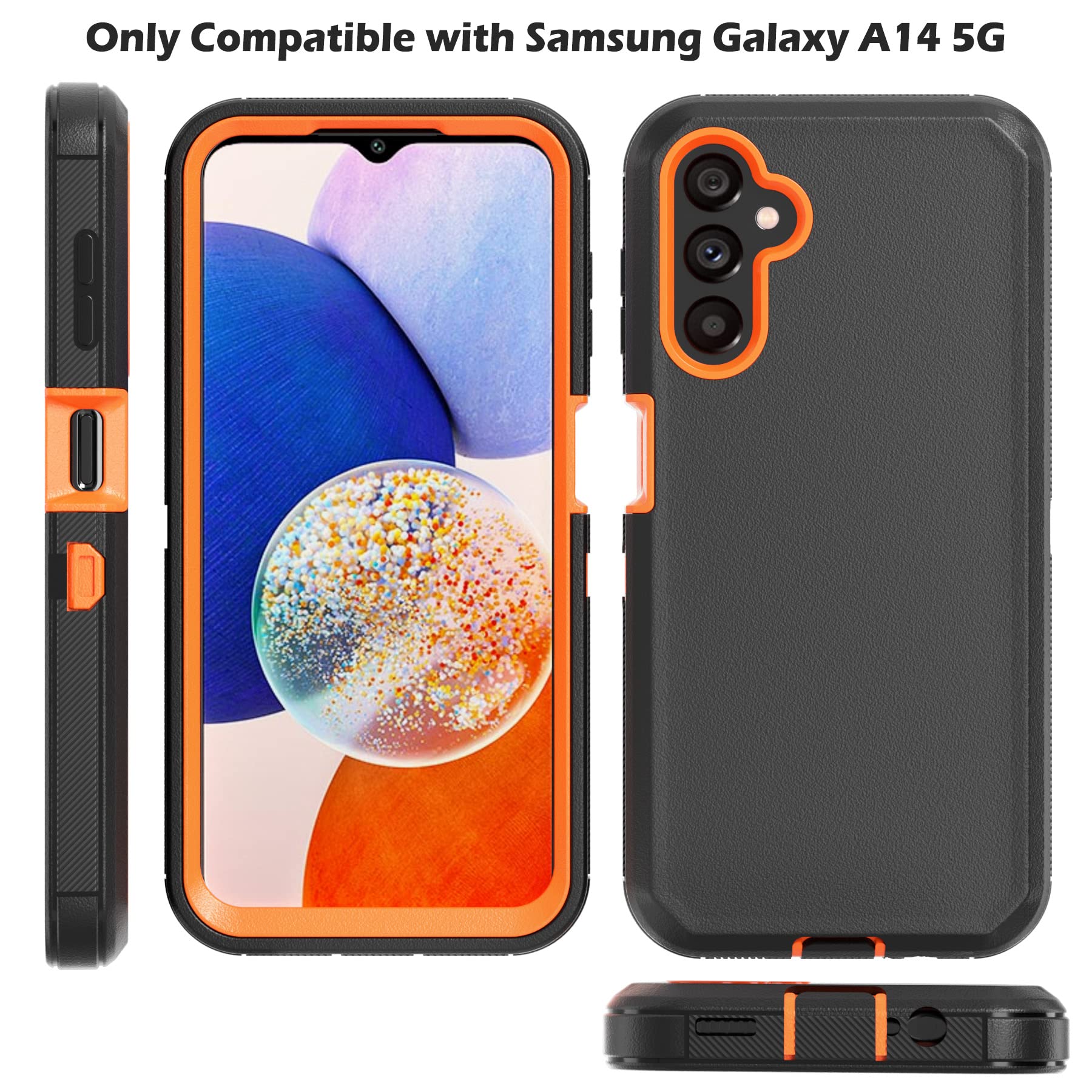 TASHHAR Phone Case for Samsung Galaxy A14 5G case,Heavy Duty Hard Shockproof Armor Protector Case Cover with Belt Clip Holster for Samsung A14 5G 2023 Phone Case (Black+Orange)