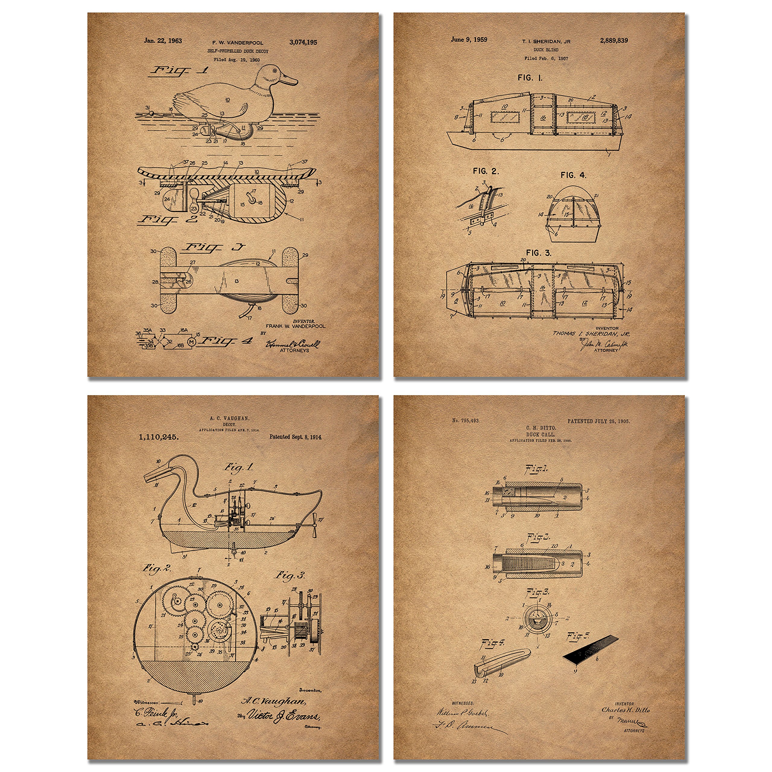 Duck Hunting Patent Prints - Set Of 4 (8 Inches X 10 Inches) Vintage Wall Art Decor Photos