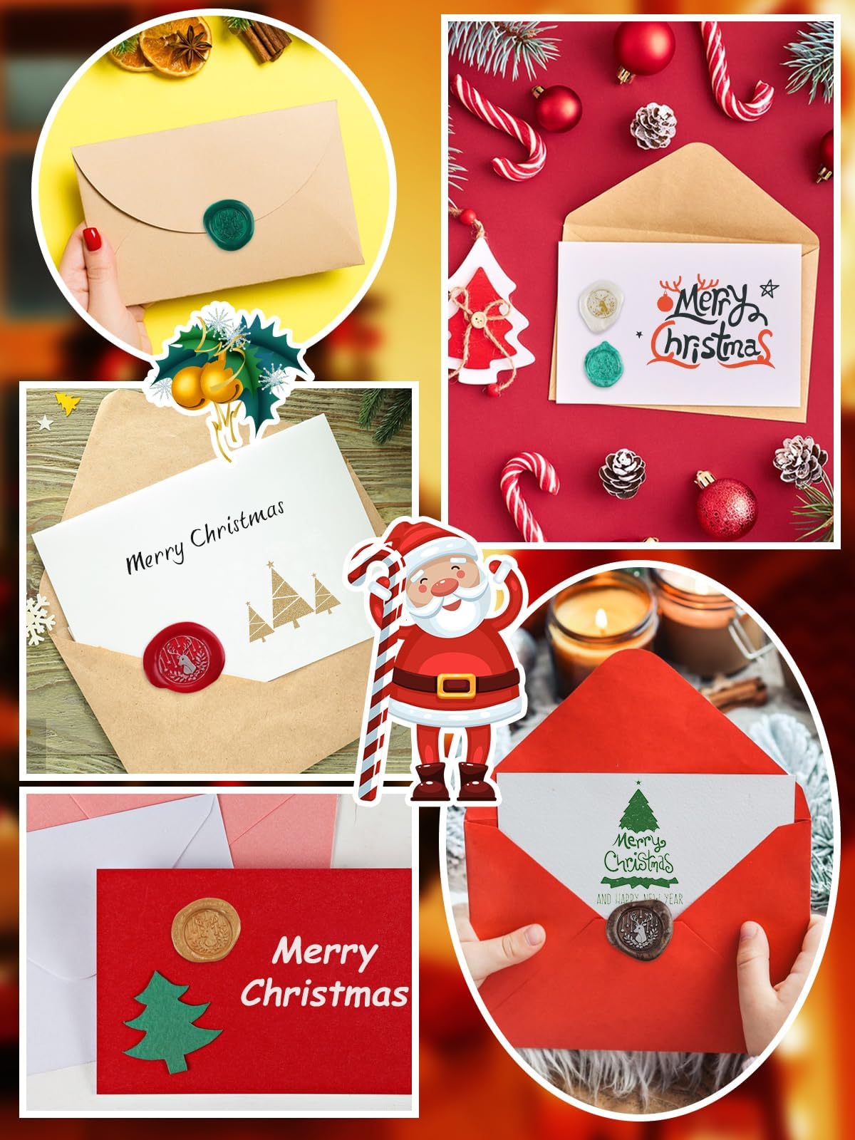 Christmas Wax Seal Stamp Kit Lanstics Wax Seal Stamp Brass Head, 200Pcs Sealing Wax Beads in 4 Colors, Wooden Hilt, Melting Spoon, Tea Candles for Cards Envelopes, Gift Packaging