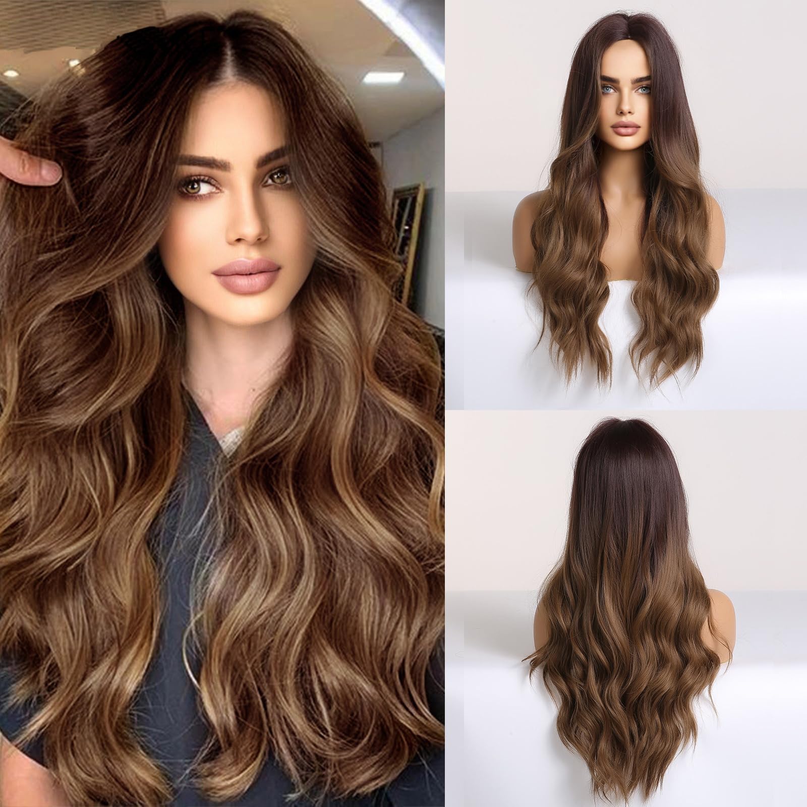 topshe Brown with Highlights Synthetic Wigs Middle Part Long Wavy Wigs with Dark Roots Womens Natural Heat Resistant Hair