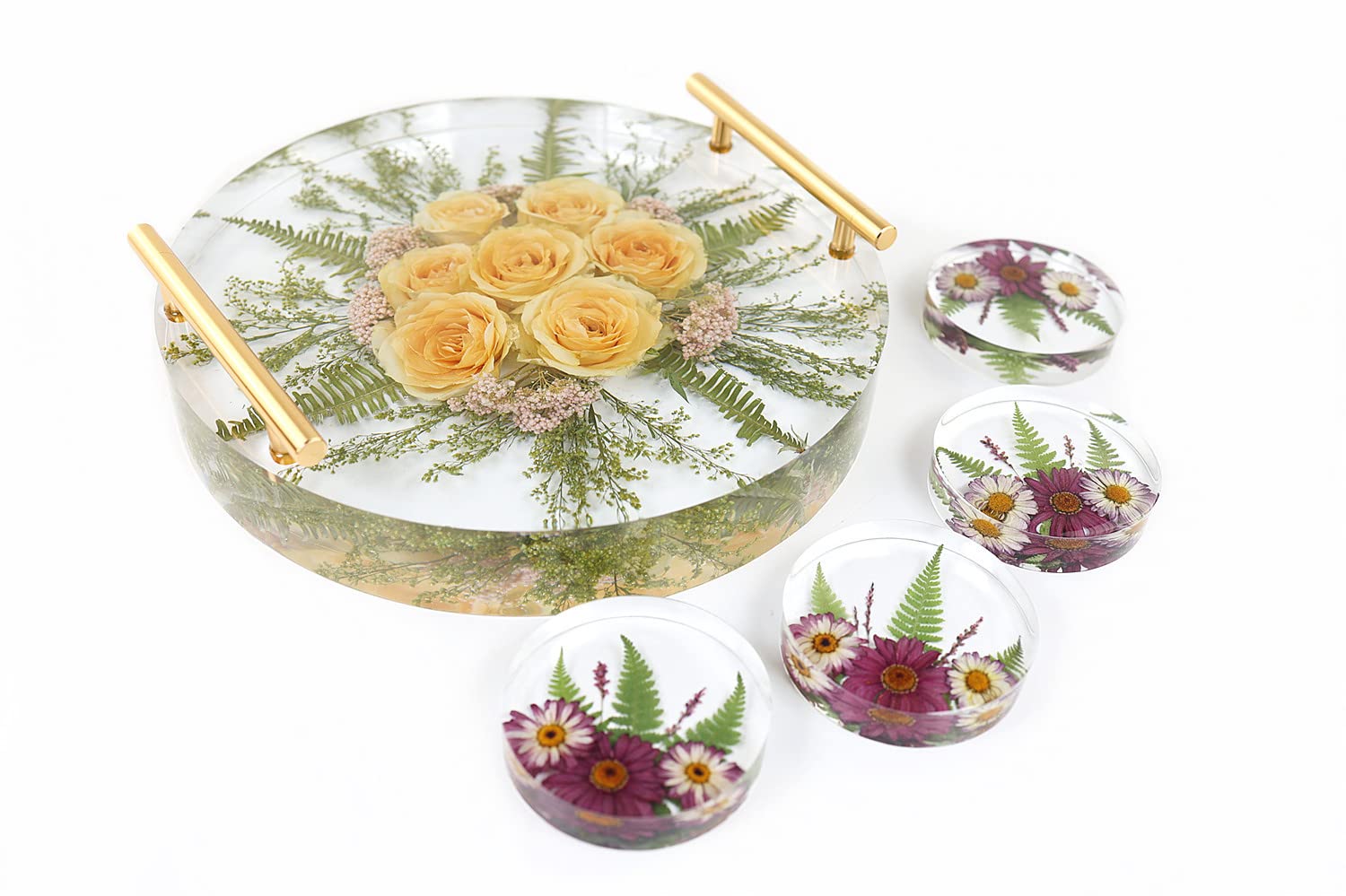 Resin Tray Molds Silicone, 12" Large Round Deep Tray Resin Mold and 4 Piece Round Deep Coaster Molds, Silicone Tray Board Table Resin Mold & Handles, Floral Preservation Bouquet Resin Mold